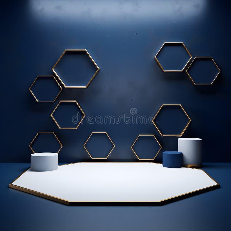 Geometric Studio Floor Mockup with Blue Background and Product Lights ...