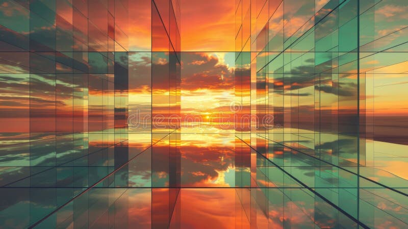 A Geometric Sunset Reflected in a Mirrored Surface Creating an Infinite ...