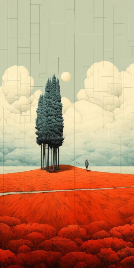 Geometric Surrealism: a Detailed Painting of Trees and Clouds Stock ...