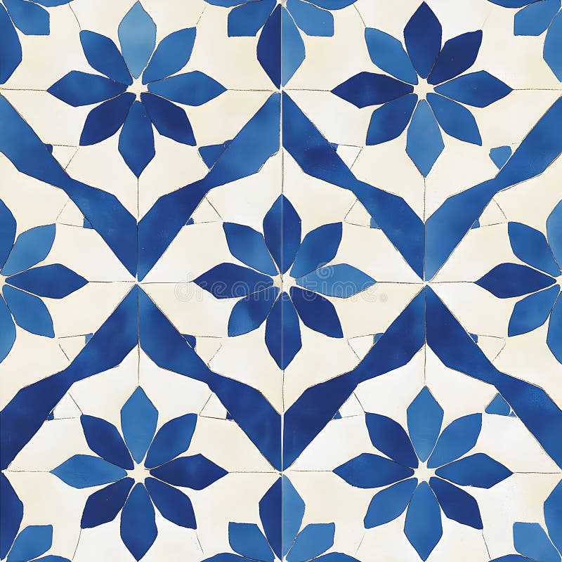 A Geometric Tile Pattern Featuring Blue Flowers on a Light Background ...