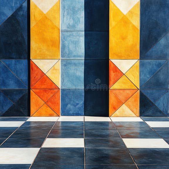 Geometric Tile Wall and Checkerboard Floor Design Stock Illustration ...