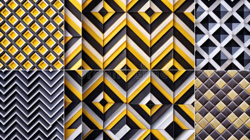 Geometric Tiles Black, Yellow, Grey Chevron and Diamond Patterns Stock ...