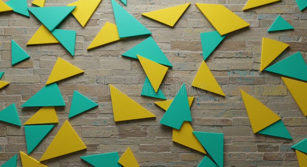 Geometric Turquoise and Yellow Triangle Pattern on Brick Wall Abstract ...