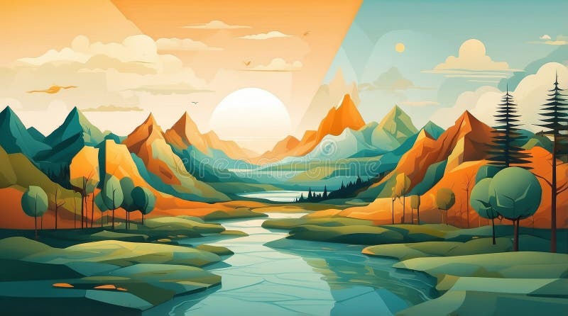 Geometric Vector of Stylized Ecosystem with Trees, Mountains, and Water ...
