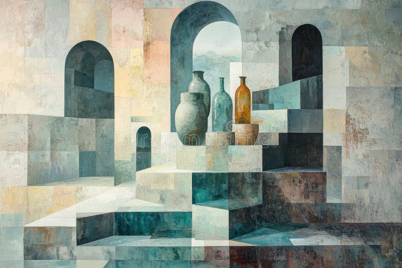 Geometric Waterfall Painting with Architectural Elements and Vases ...