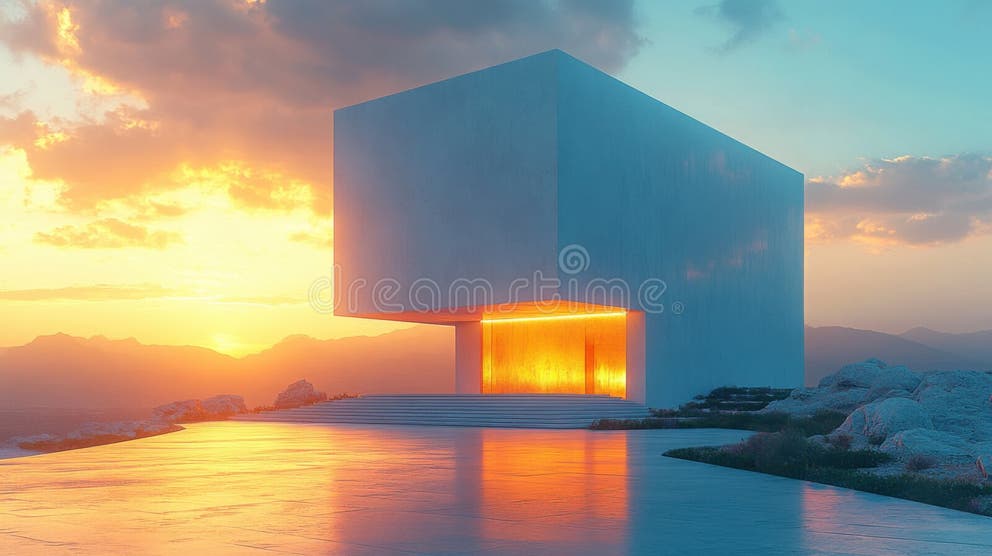 Geometric White Cube Structure at Sunset Over Desert Landscape Stock ...