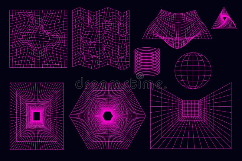 Geometric Wireframe Shapes and Grids in Neon Pink. 3D Abstract Backgrounds, Patterns, Cyberpunk ...