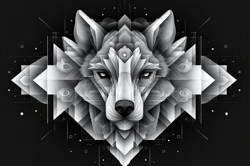 Geometric Wolf Head Illustration in Grayscale, Featuring Sharp Lines ...