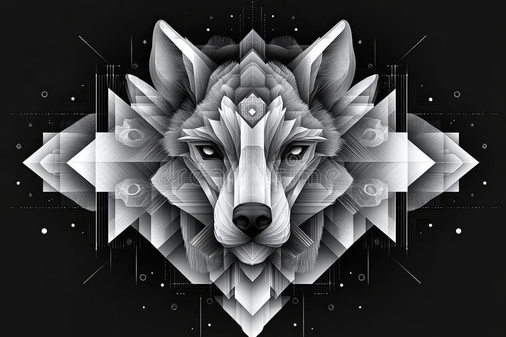 Geometric Wolf Head Illustration in Grayscale, Featuring Sharp Lines ...