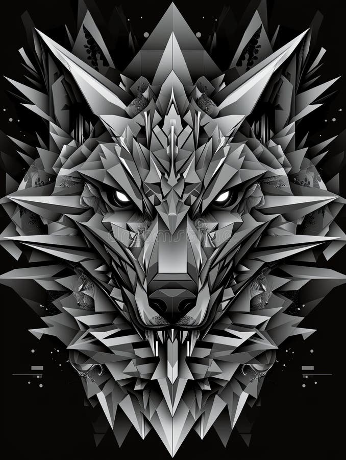 Geometric Wolf Head Illustration in Grayscale, Sharp Lines, Polygonal ...