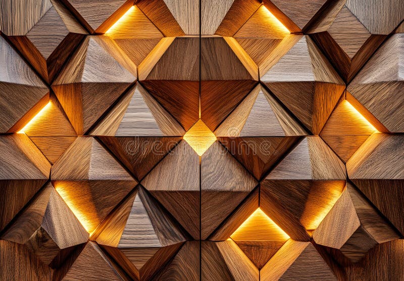 Geometric Wood Panel Ceiling with Backlit Triangles Stock Illustration ...