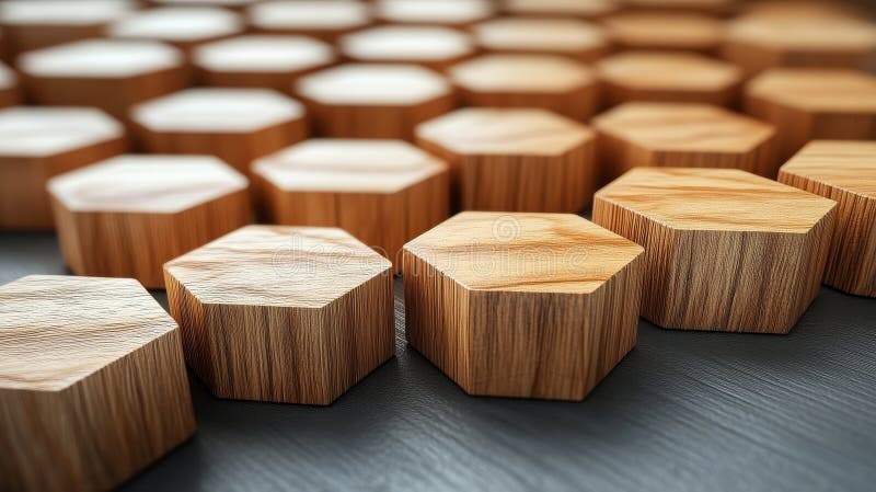 Geometric Wooden Hexagons Connected by Black Lines on a Reflective ...