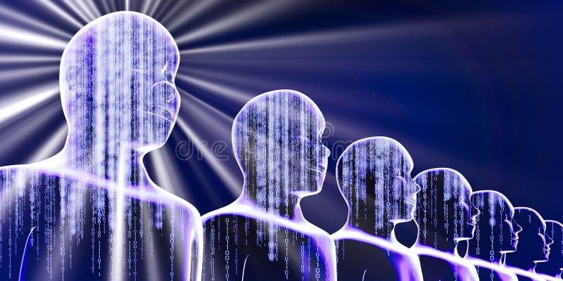 Geometrical Men Faces with Binary Code and Rays of Light Stock ...