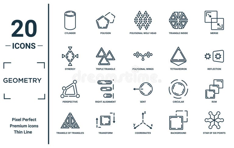 Geometry Linear Icon Set. Includes Thin Line Cylinder, Synergy ...