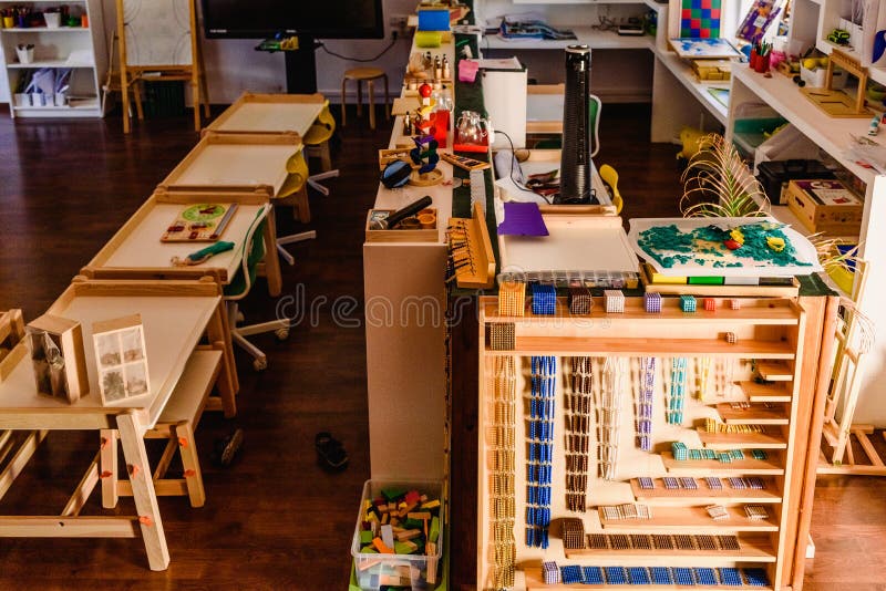 Geometry and Mathematics Materials in a Montessori Classroom Stock ...
