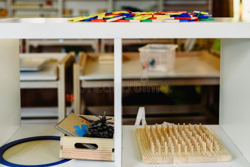 Geometry and Mathematics Materials in a Montessori Classroom Stock ...