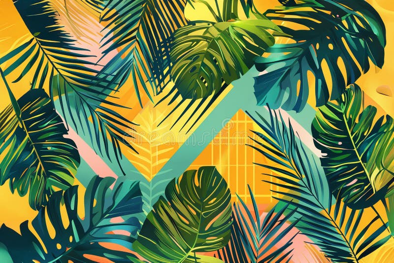 Geometry Pattern with Tropical Leaves. Beautiful Allover Print with ...
