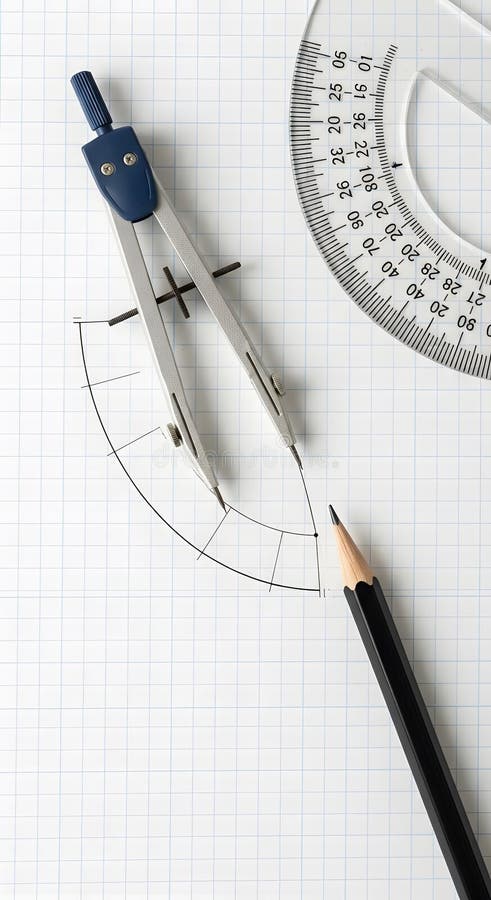Geometry Tools on Grid Paper with Compass, Protractor, and Pencil Stock ...