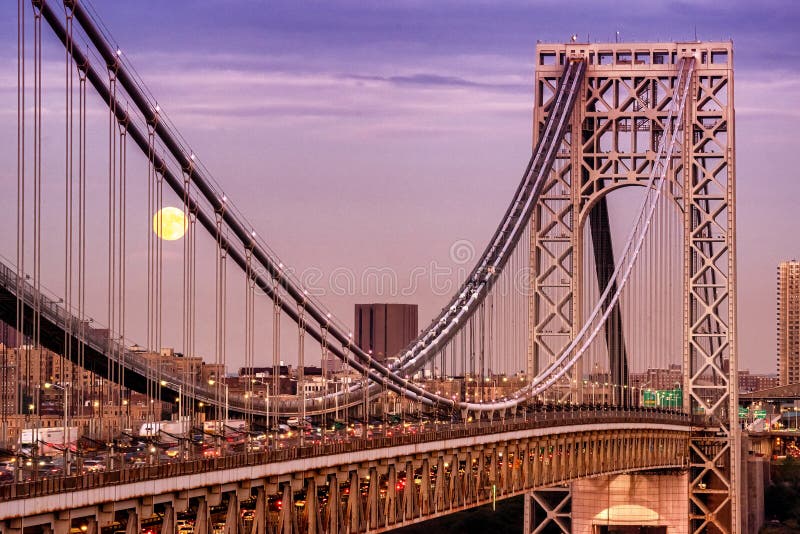 George Washington Bridge , Full Moon in New York, USA Stock Photo ...