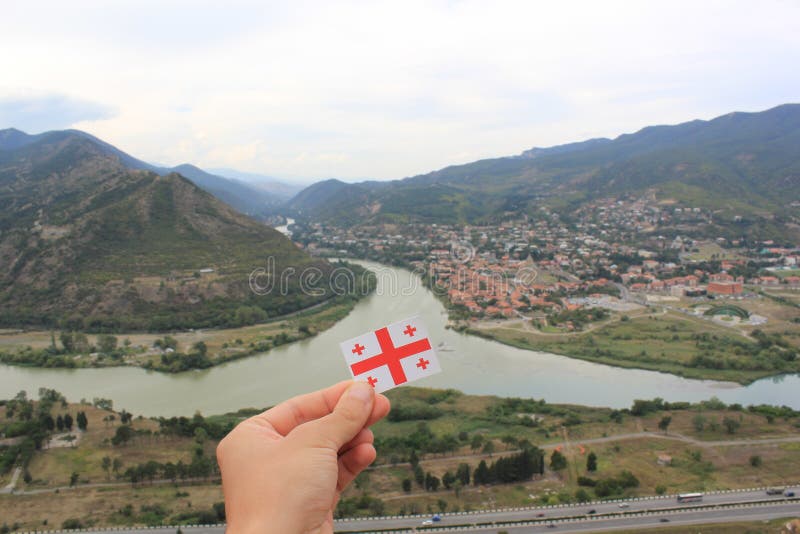 Georgia Flag with River and Mountain View Stock Image - Image of travel ...