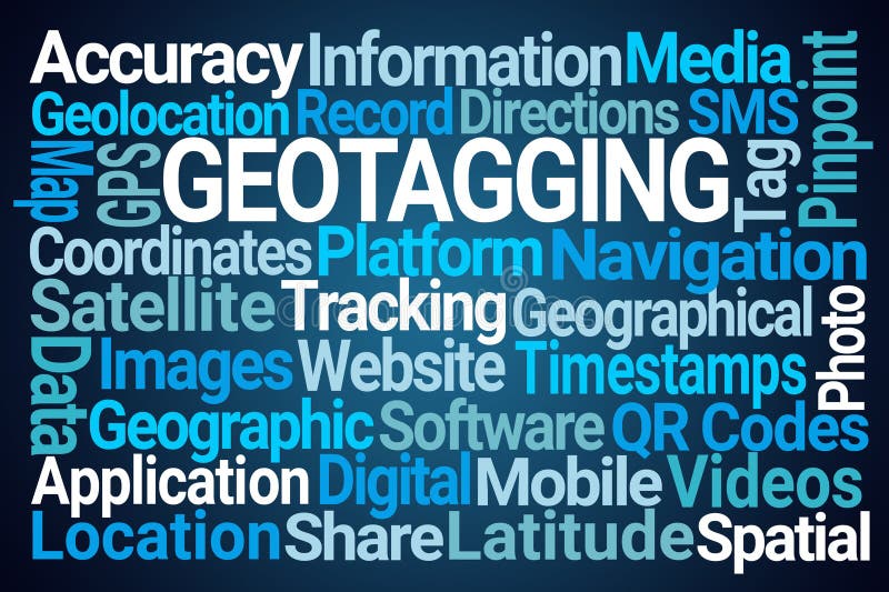 Geotagging Word Cloud on Blue Background Stock Illustration ...