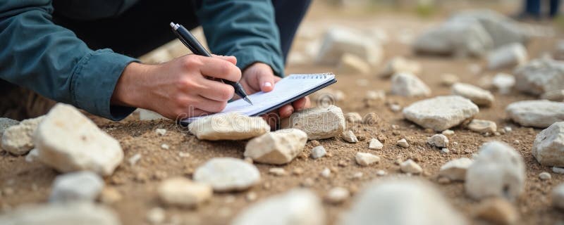 Geotechnical Engineer in Field Writing Notes, Analyzing Rock Samples ...