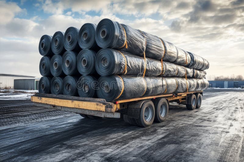 Geotextile Fabric Rolls Loaded on a Trailer at a Construction Site ...