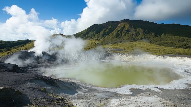 A Geothermal Area Features a Steaming, Circular Hot Spring Surrounded ...