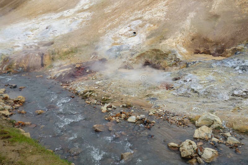 Geothermal Hot Spring Area Featuring a Flowing River, Steaming Vents ...