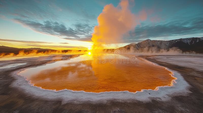 Geothermal Pool Reflecting Sunset Light with Rising Steam and Mountains ...