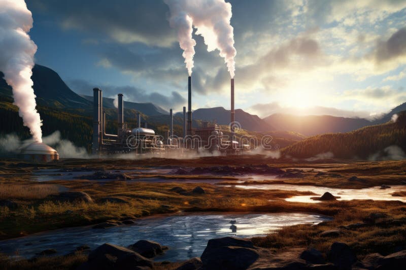 Geothermal Power Station with Steam Rising from the Ground Stock Image ...