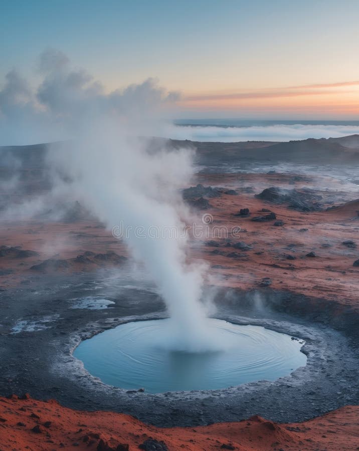Geothermal Spring Erupts Steam Amidst Volcanic Landscape Stock Image ...