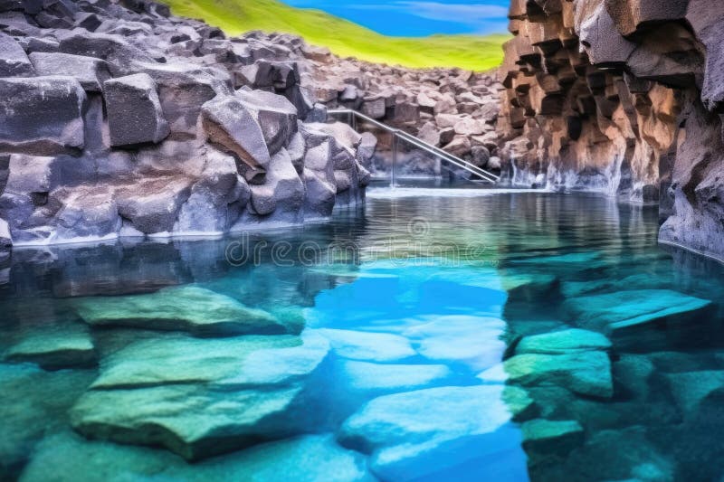 Geothermal Waters Cascading Down Rocks into a Hot Spring Pool Stock ...