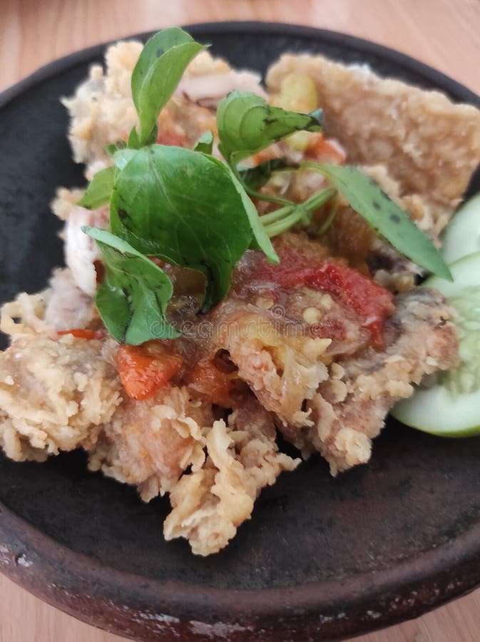 Geprek Chicken with Fresh Basil Leaves Stock Photo - Image of geprek ...