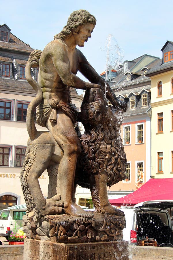 Gera, Germany - May 19, 2023: Samson Fountain on Market Square of Gera ...
