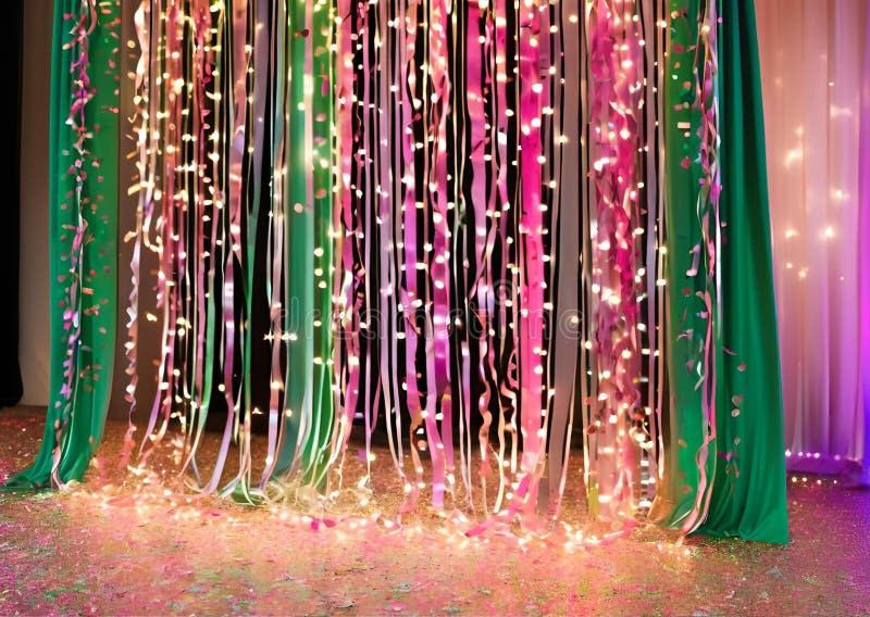 Decorative Backdrop Featuring Hanging Ribbons in Shades of Pink, Purple ...