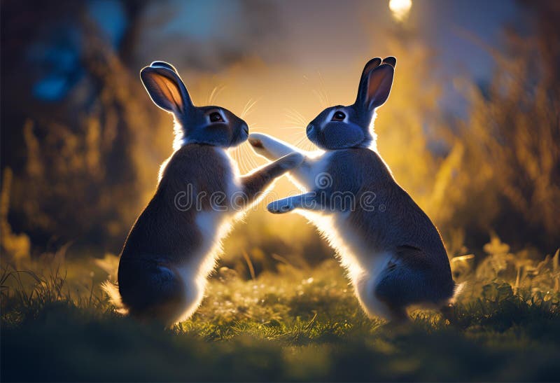 Two Rabbits Stand Face-to-face on Their Hind Legs in a Grassy Field ...