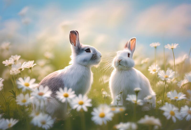 Two White Rabbits Sit among Tall Daisies in a Meadow Stock Illustration ...