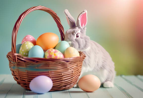 A Fluffy Gray Easter Bunny Sits Next To a Wicker Basket Stock ...