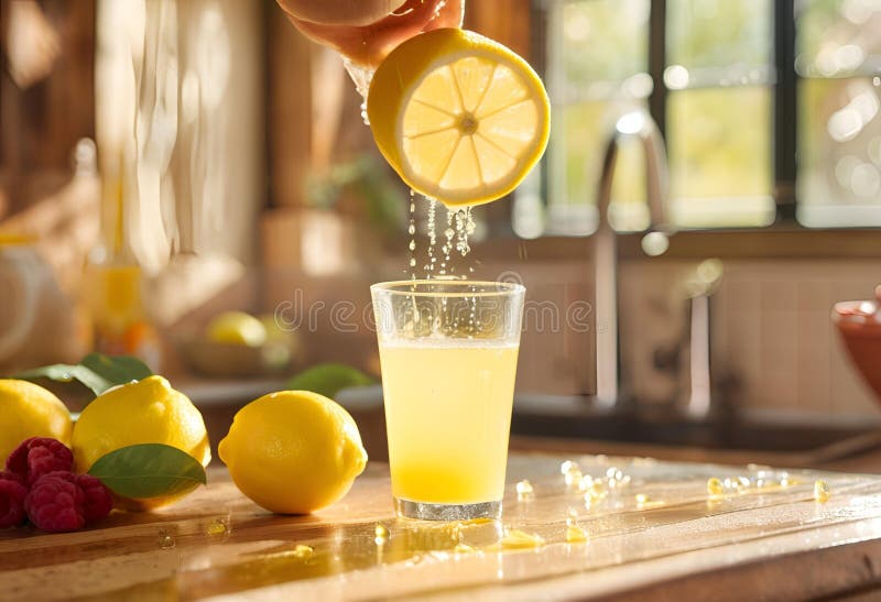 A Fresh Lemon is Being Squeezed Over a Glass of Juice Stock Image ...