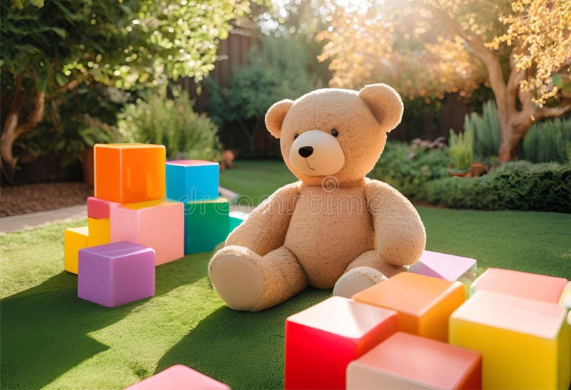 A Large Beige Teddy Bear Sits on Vibrant Green Grass Surrounded by ...