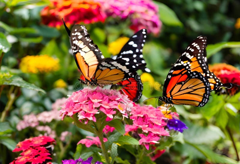 Two Vibrant Monarch Butterflies Gracefully Perched on Vivid Pink and ...