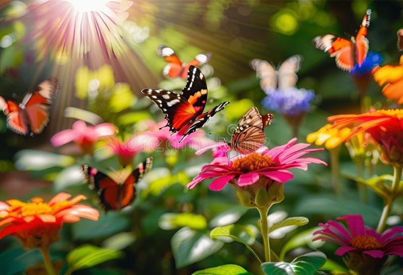 Butterflies Gracefully Flutter Around Vibrant Flowers in a Sunlit ...