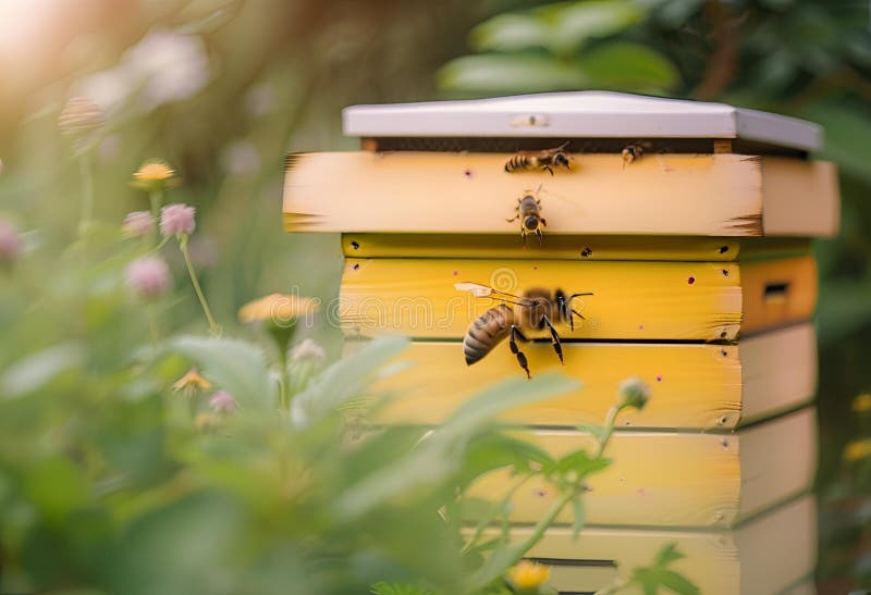 A Natural Wooden Beehive Stands Amidst Lush Greenery, Surrounded by ...