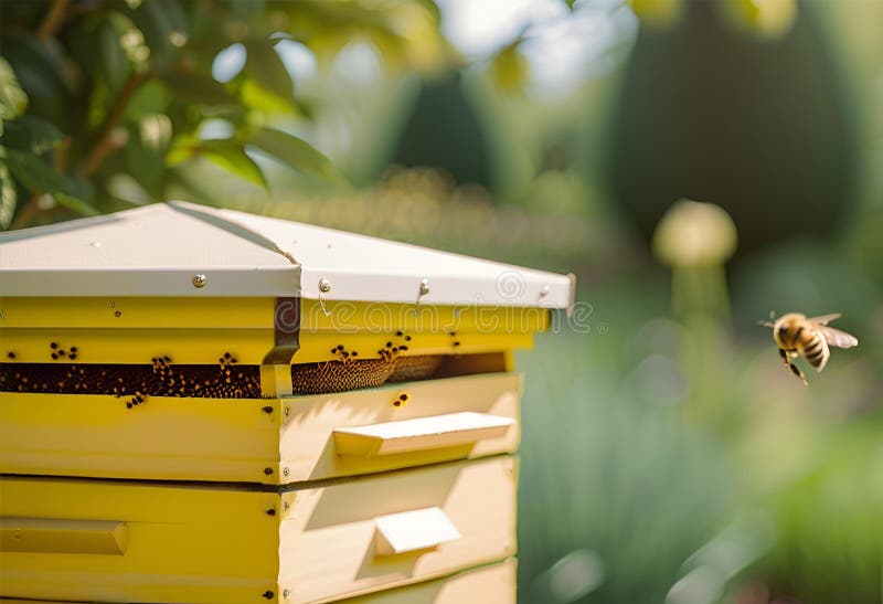 A Wooden Hive with a Slanted Roof Stands Surrounded by Lush Greenery ...