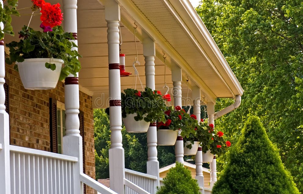 Geranium Pots Hanging on Porch Stock Photo - Image of hung, blossoming ...