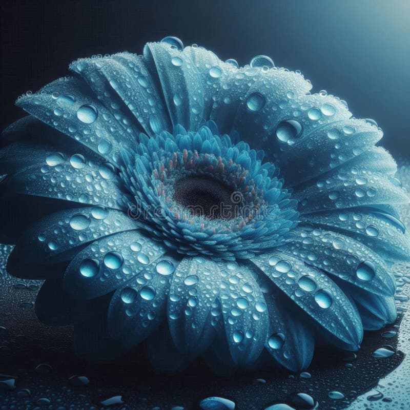 Gerbera Flower in Blue with Dewy Water Drops on a Moist Background ...
