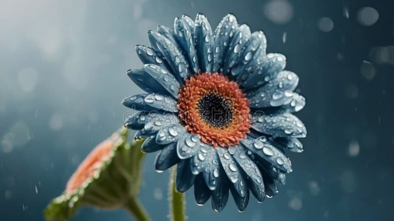 Gerbera Flower in Blue with Dewy Water Drops on a Moist Background ...