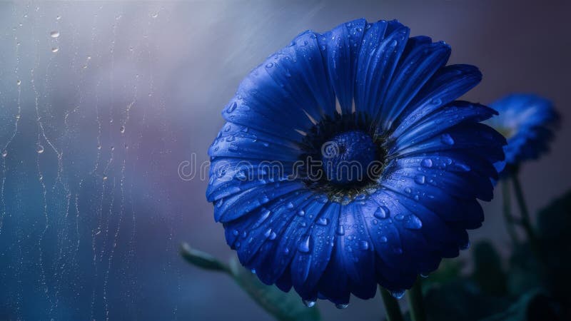 Gerbera Flower in Blue with Dewy Water Drops on a Moist Background ...