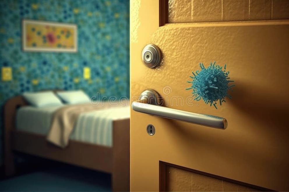 Germ-infested Door Handle with a Caution Sign Stock Photo - Image of ...